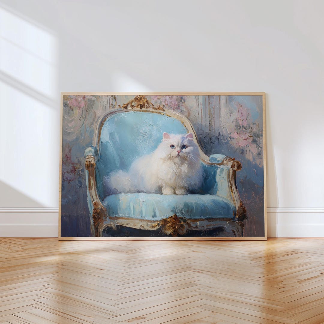 Fluffy Chubby Cat on Blue Rococo Armchair Painting Print, Elegant ...