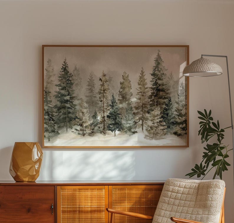 Snowy Forest Painting Print, Winter Trees Wall Art, Snowfall Landscape ...