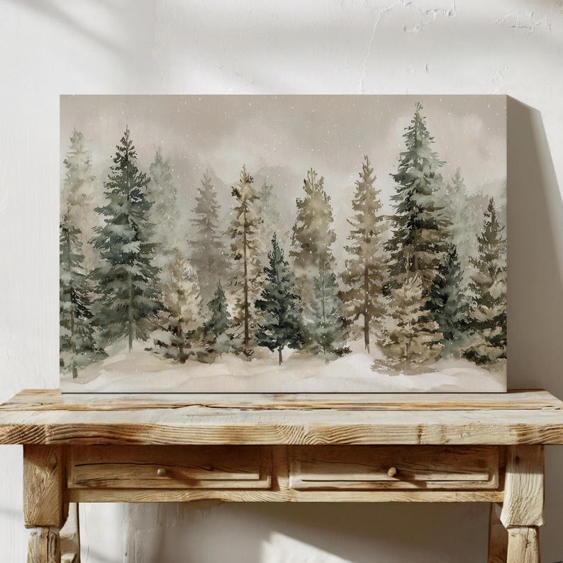 Snowy Forest Painting Print, Winter Trees Wall Art, Snowfall Landscape ...