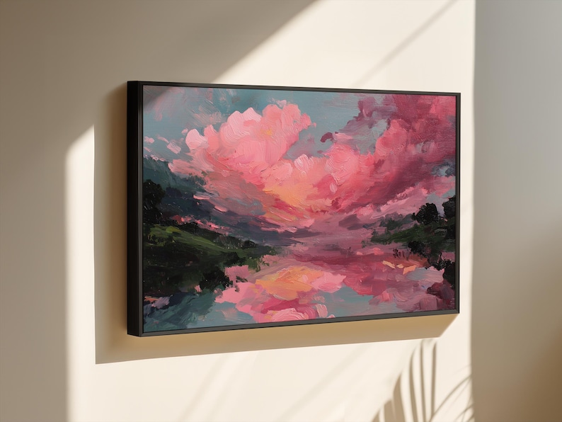 Pink Cloud Landscape Art Print, Dreamy Sunset Sky Art, Impressionist Abstract Landscape Art ...