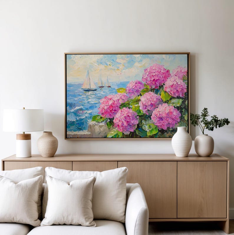 Floral Painting Print | Pink Hydrangea Wall Decor | Seaside Flowers ...