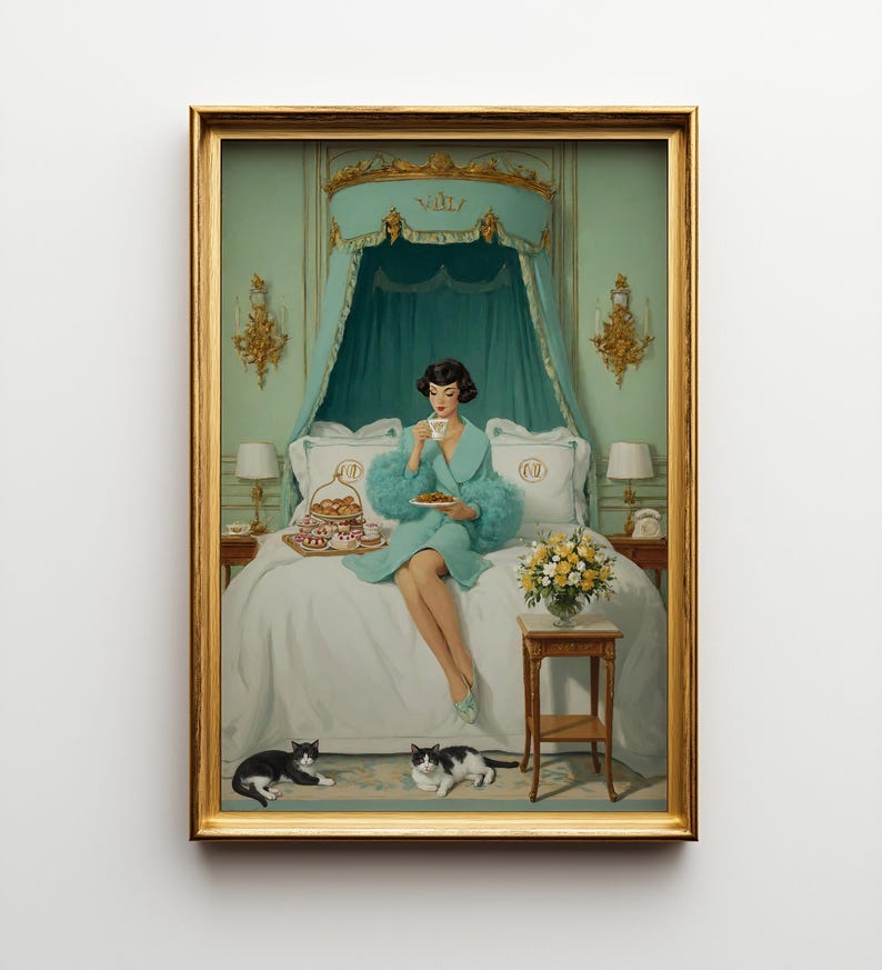 Breakfast in Bed Wall Art Print, Elegant Woman With Cats, Vintage ...