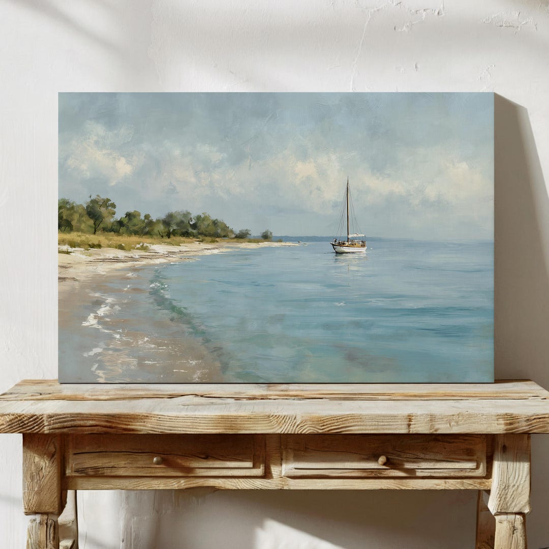 Seaside Painting Print | Coastal Boat Artwork | Dreamy Beach Print ...