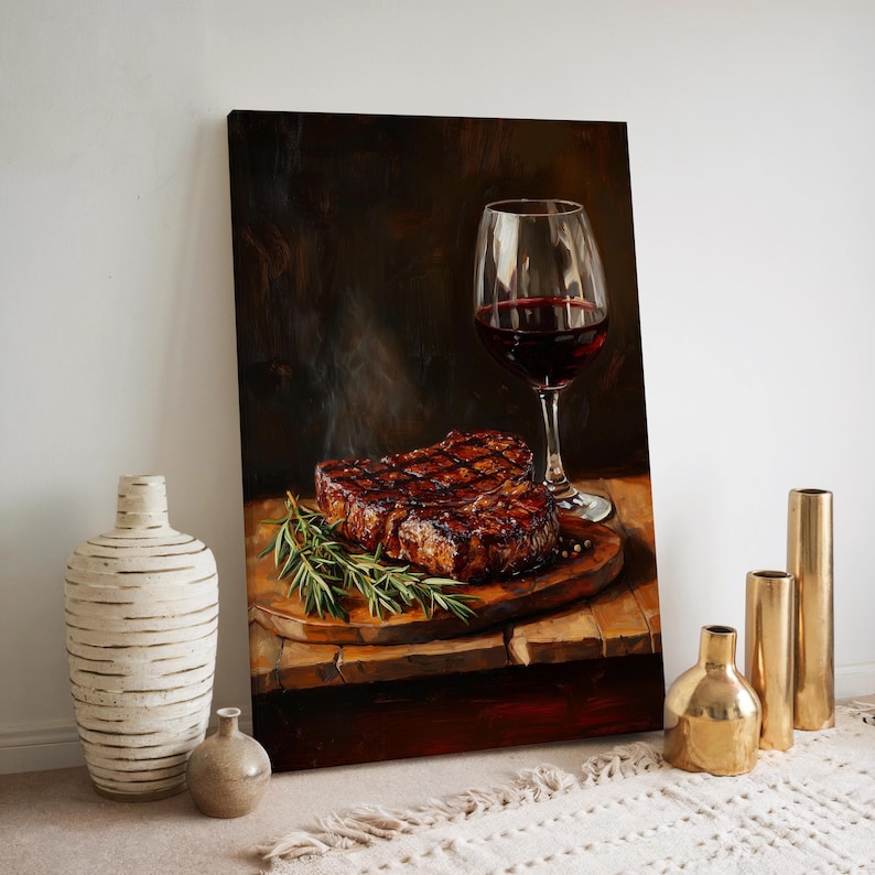 Steak Wall Art | Grilled Meat Painting | Wine and Steak Art | Fine ...