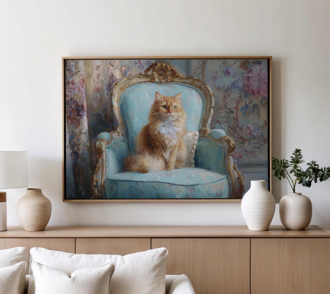Fluffy Chubby Cat on Blue Rococo Armchair Painting Print, Elegant ...