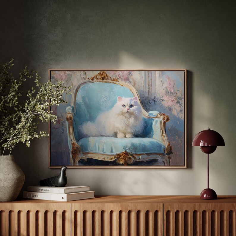 Fluffy Chubby Cat on Blue Rococo Armchair Painting Print, Elegant ...