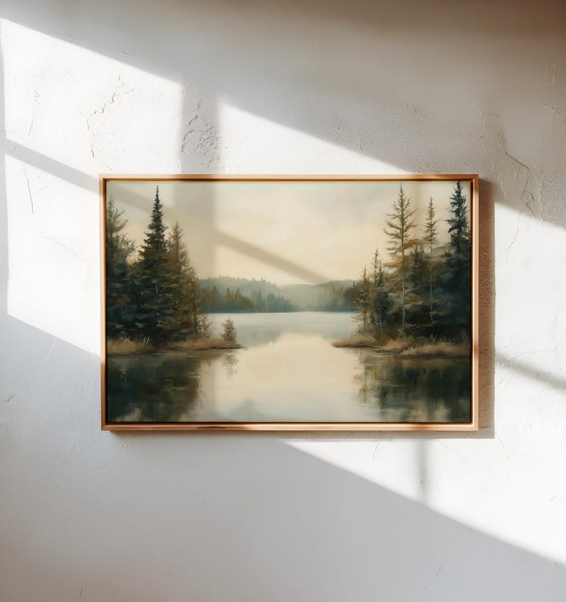 Calm Lake Landscape Painting Print | Serene Nature Print | Misty ...