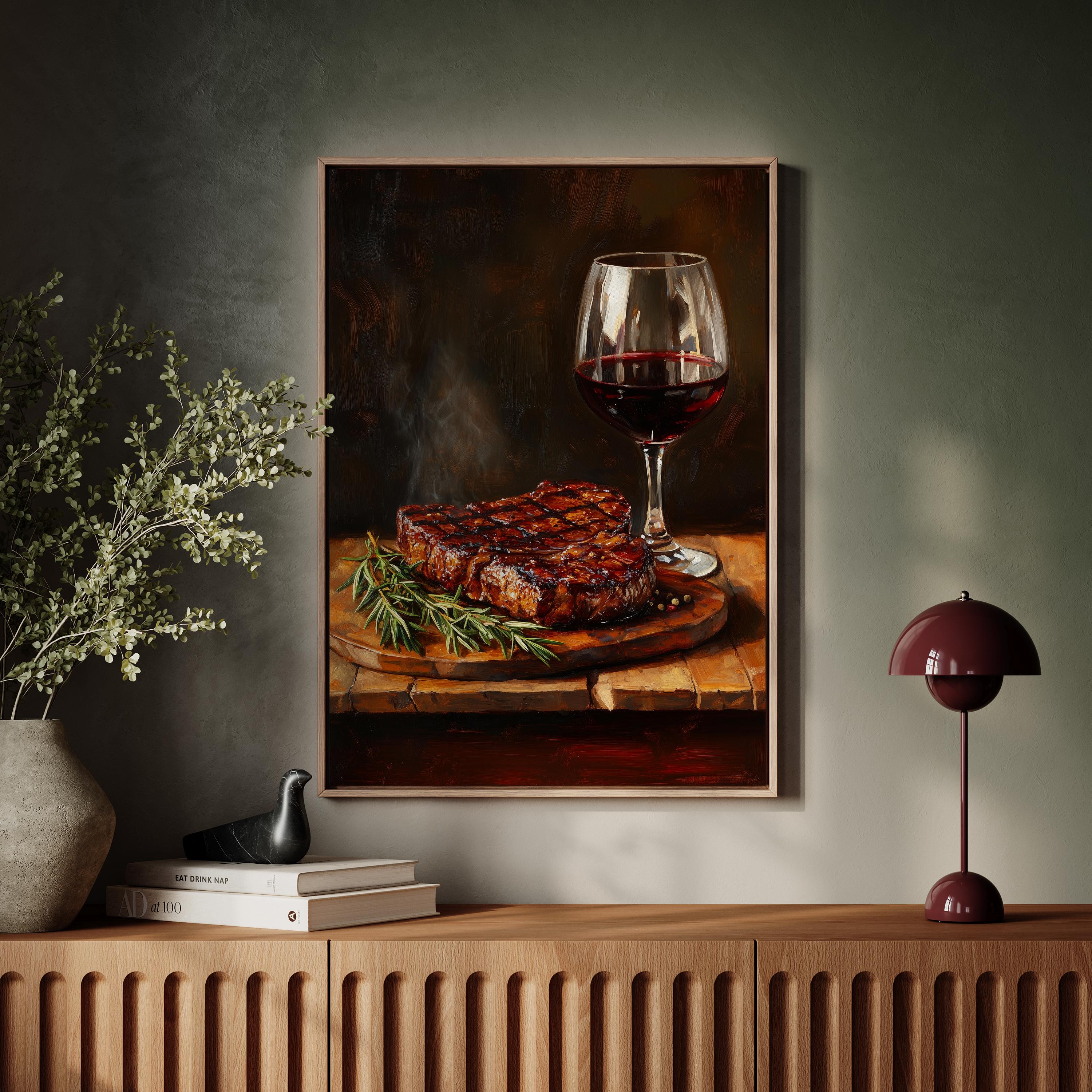 Steak Wall Art | Grilled Meat Painting | Wine and Steak Art | Fine ...