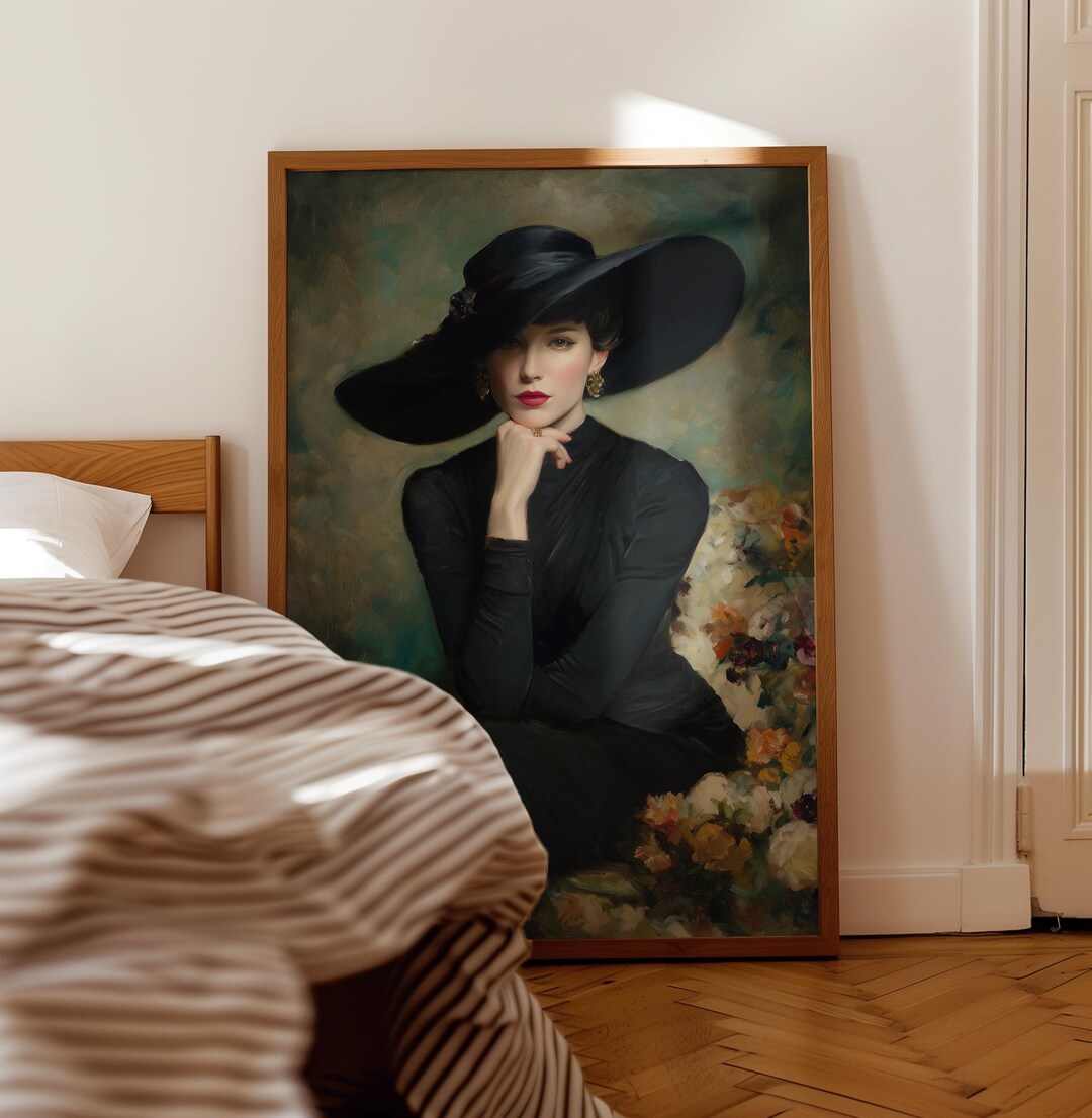 Fashionable Woman Wall Art Print in Wide Brim Hat and Vintage Dress ...