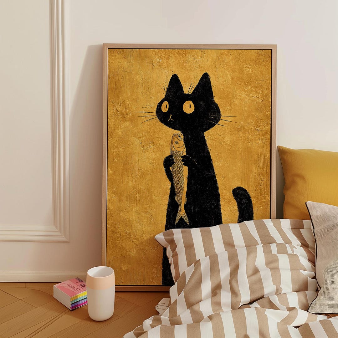 Funny Black Cat Wall Art Print, Cute Cat With Fish Painting, Unique ...