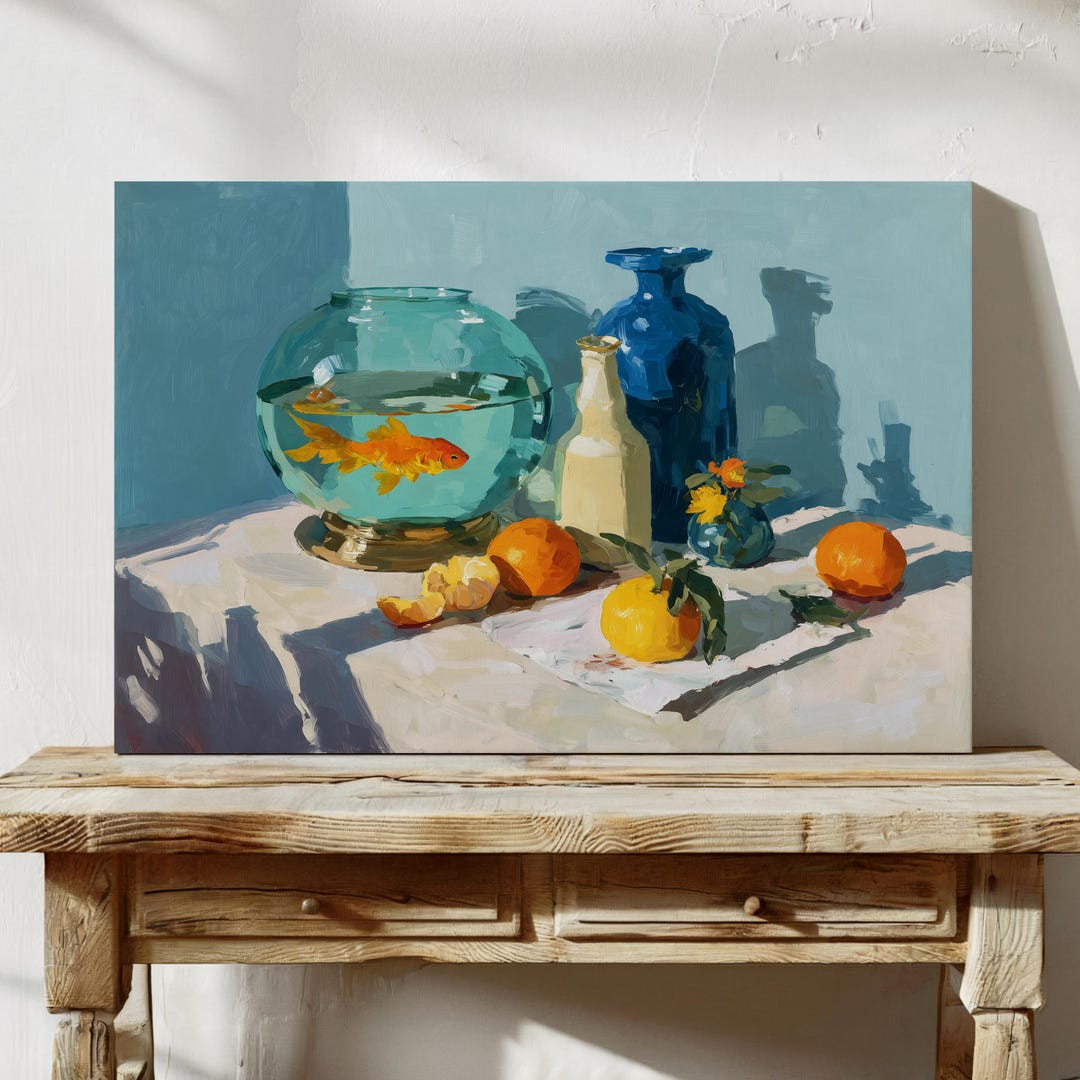 Still Life Painting Print, Goldfish and Fruit Oil Wall Art, Vintage ...