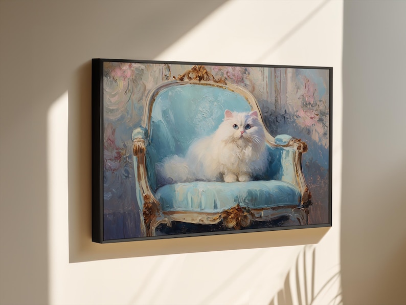 Fluffy Chubby Cat on Blue Rococo Armchair Painting Print, Elegant ...