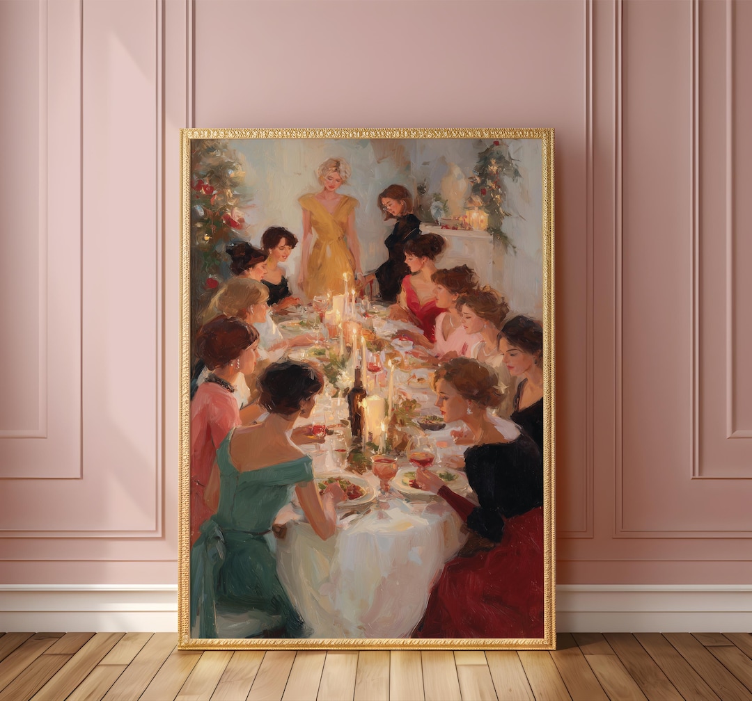 Christmas Dinner Party Oil Painting Print, Elegant Holiday Celebration ...