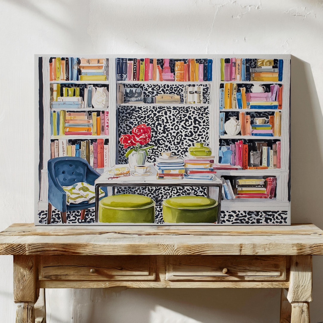 Bookshelf Oil Painting Print Wall Art, Cozy Library Reading Corner ...