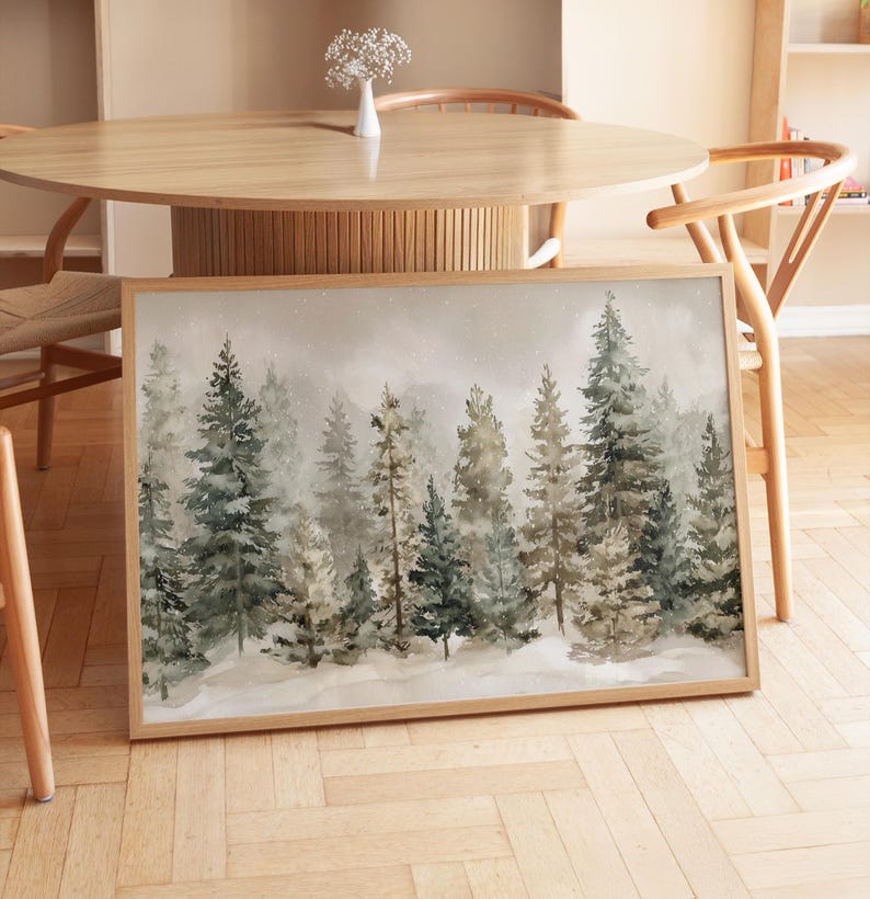 Snowy Forest Painting Print, Winter Trees Wall Art, Snowfall Landscape ...
