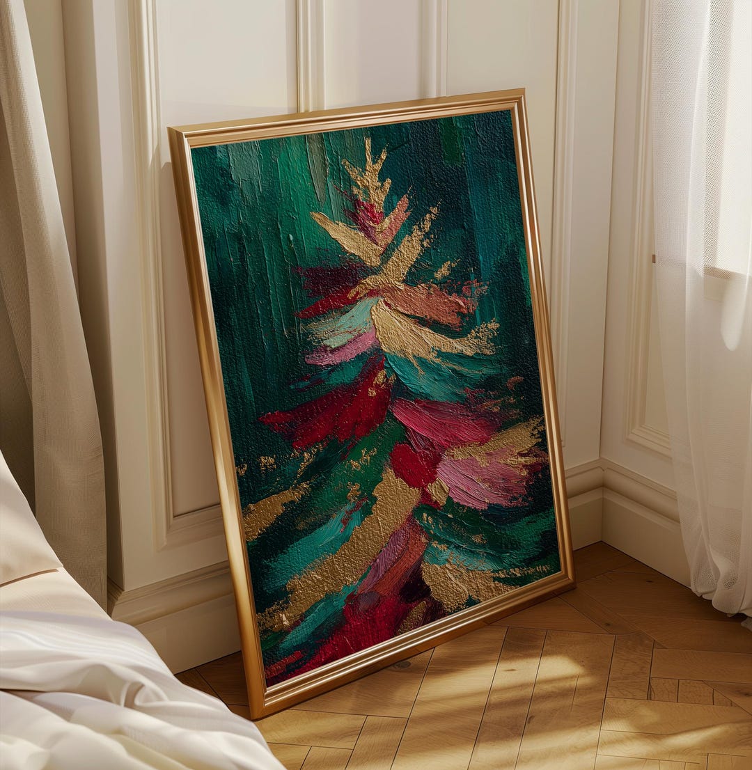 Abstract Christmas Tree Art Print, Gold Red Green Holiday Painting ...