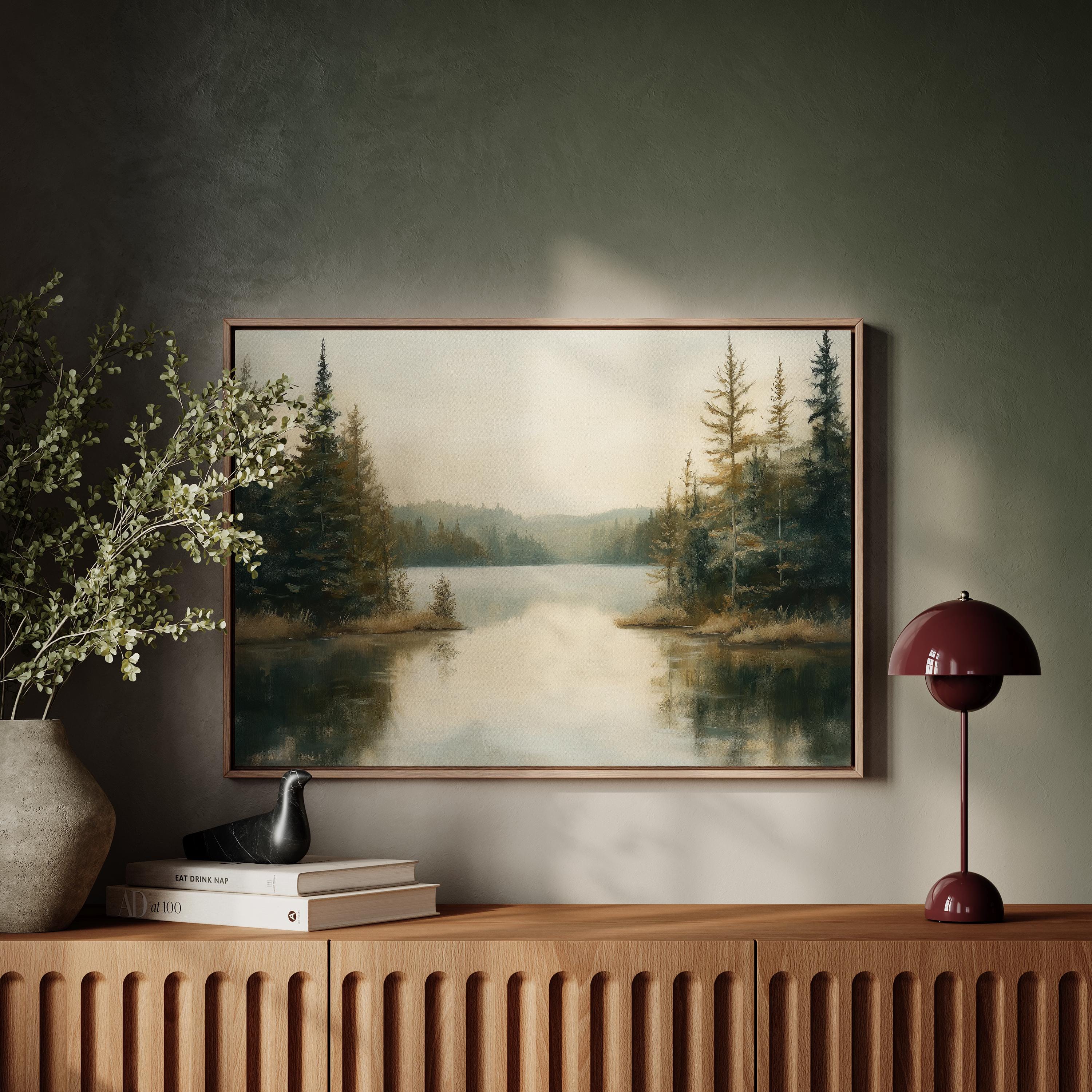 Calm Lake Landscape Painting Print | Serene Nature Print | Misty ...