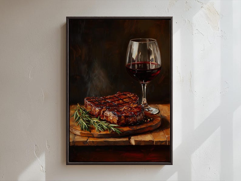Steak Wall Art | Grilled Meat Painting | Wine and Steak Art | Fine ...