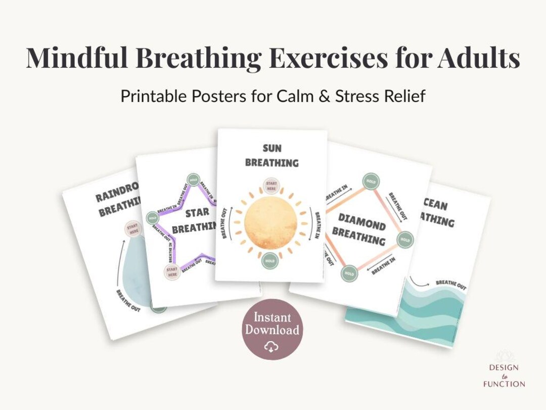 Mindful Breathing Exercises Posters for Adults | Stress Relief & Calm ...
