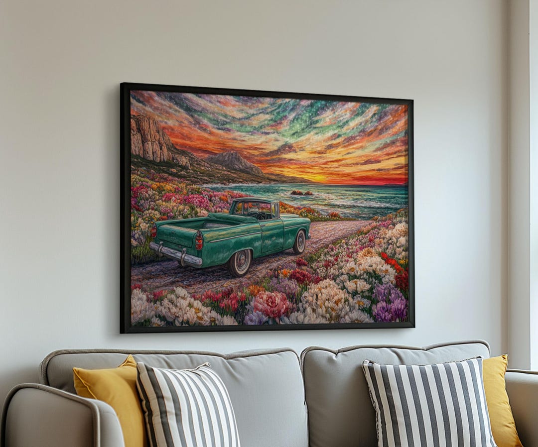 Boho Coastal Poster - Psychedelic Flower Bus Van Gogh Brushstroke Wall ...