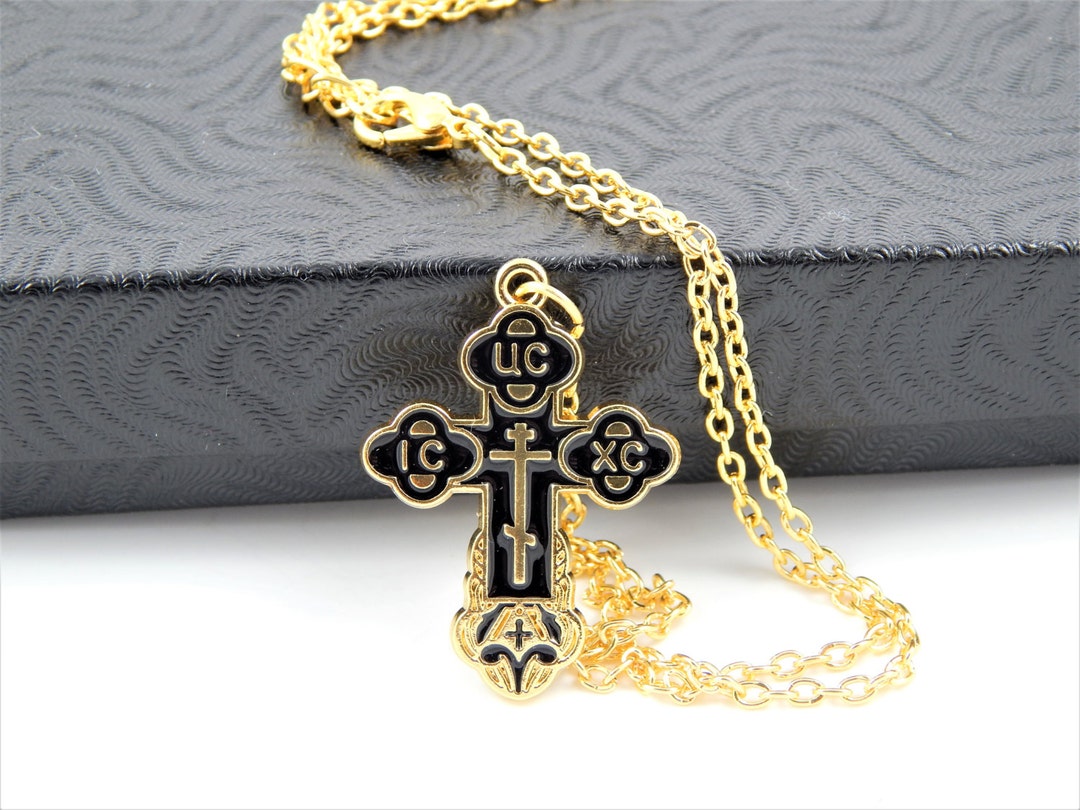 Eastern Orthodox Black and Gold Enamel Cross Necklace Handmade ...