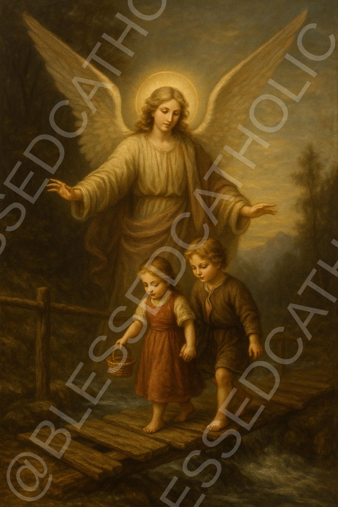 Guardian Angel Watching Over Children: Catholic Digital Art (instant ...