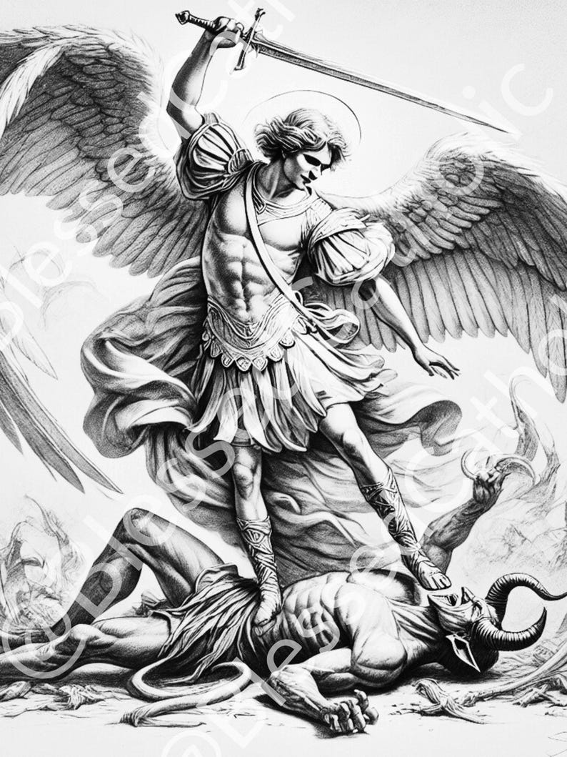 Saint Michael Archangel Black and White Sketch Art: Catholic Patron ...