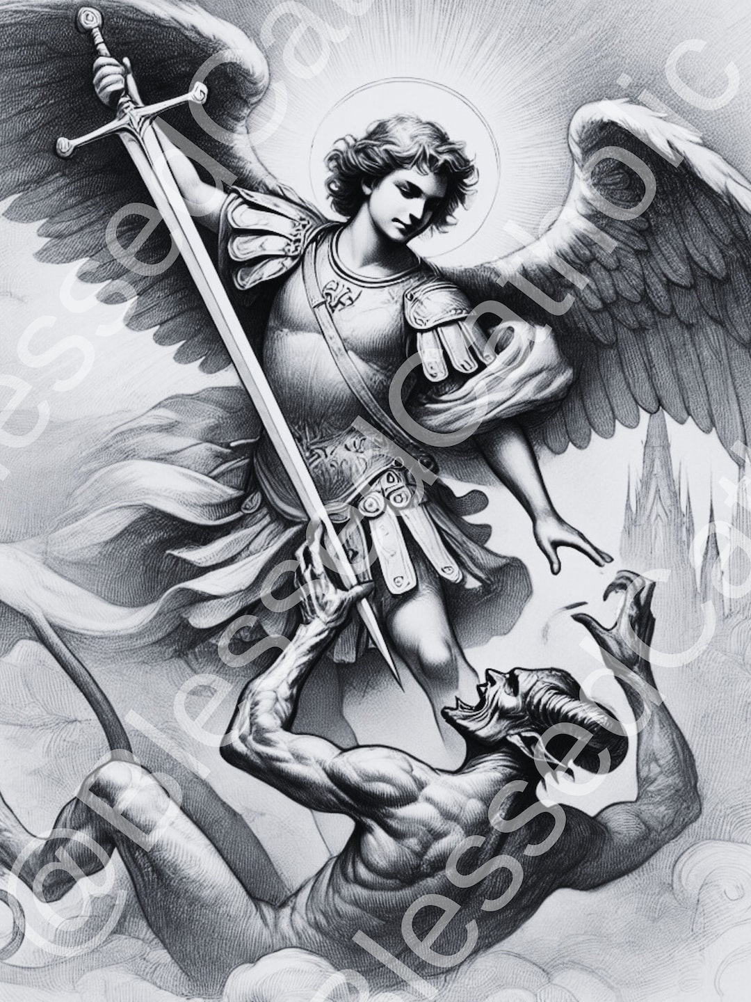 Saint Michael Archangel Black and White Sketch Art: Catholic Patron ...