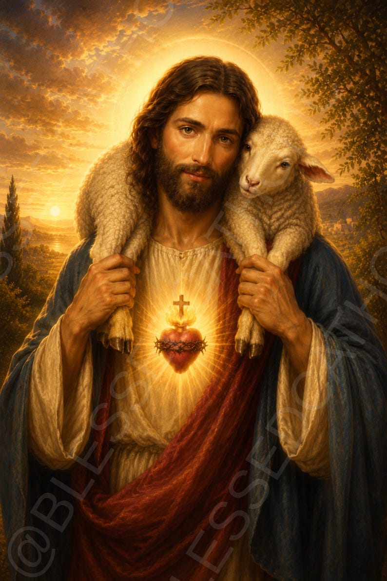 Jesus the Good Shepherd With Lamb Art: Sacred Heart Catholic Print ...