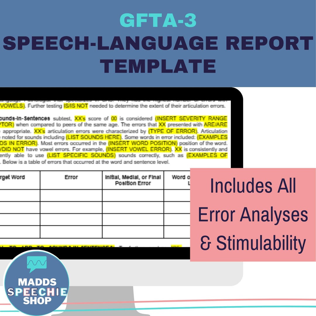 GFTA-3 Speech Therapy Report Template | Articulation Assessment ...