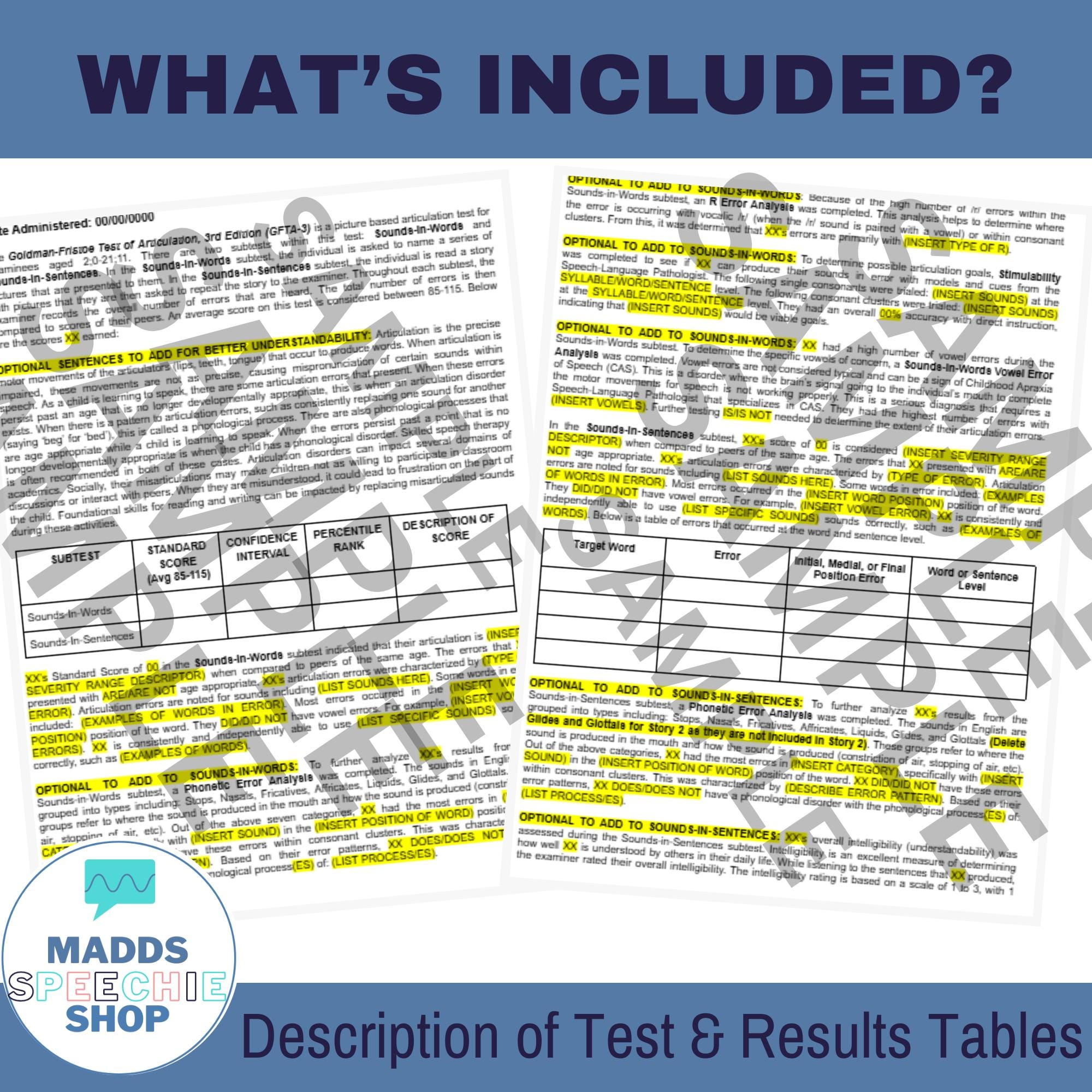 GFTA-3 Speech Therapy Report Template | Articulation Assessment ...
