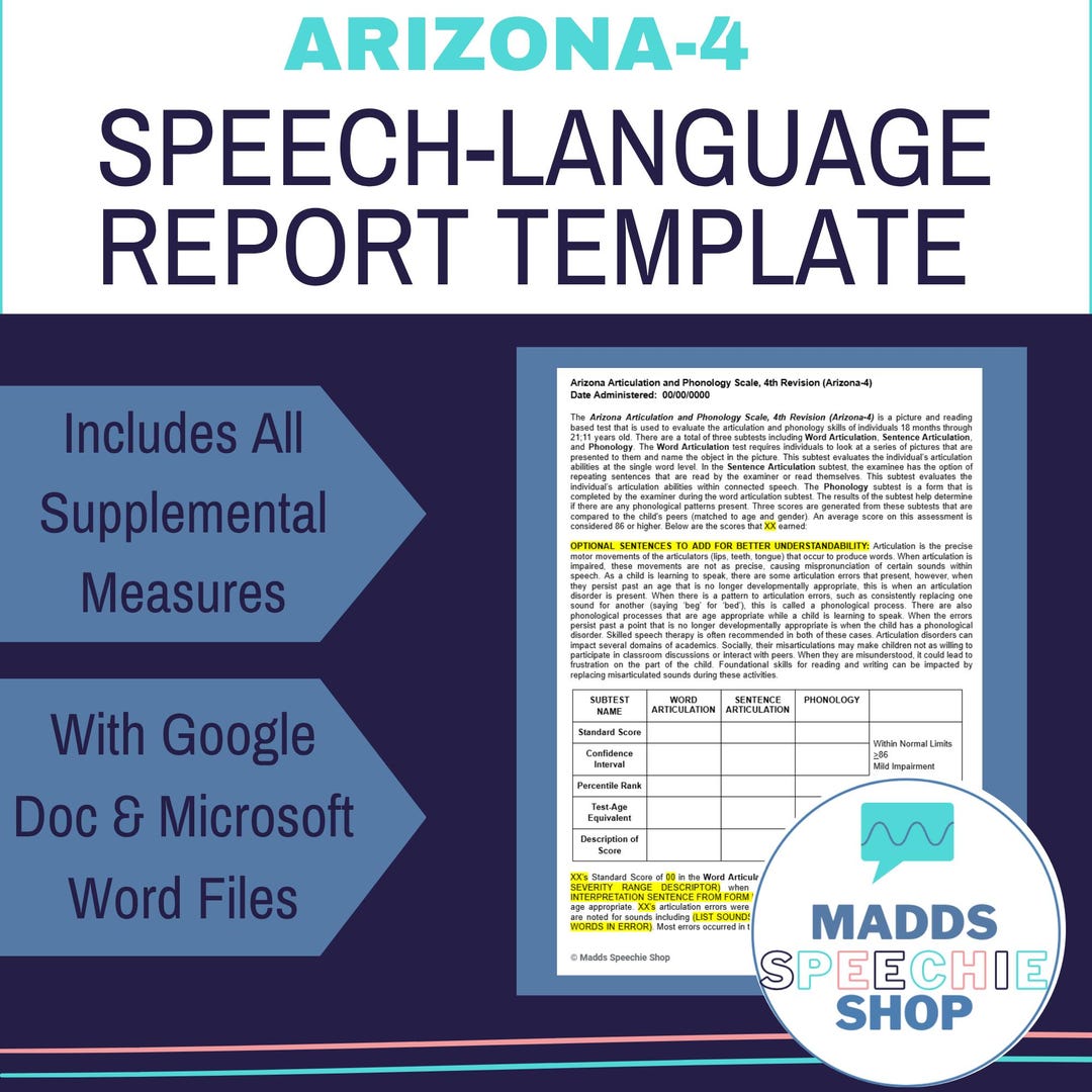 Arizona-4 Speech Therapy Report Template | Articulation & Phonology ...