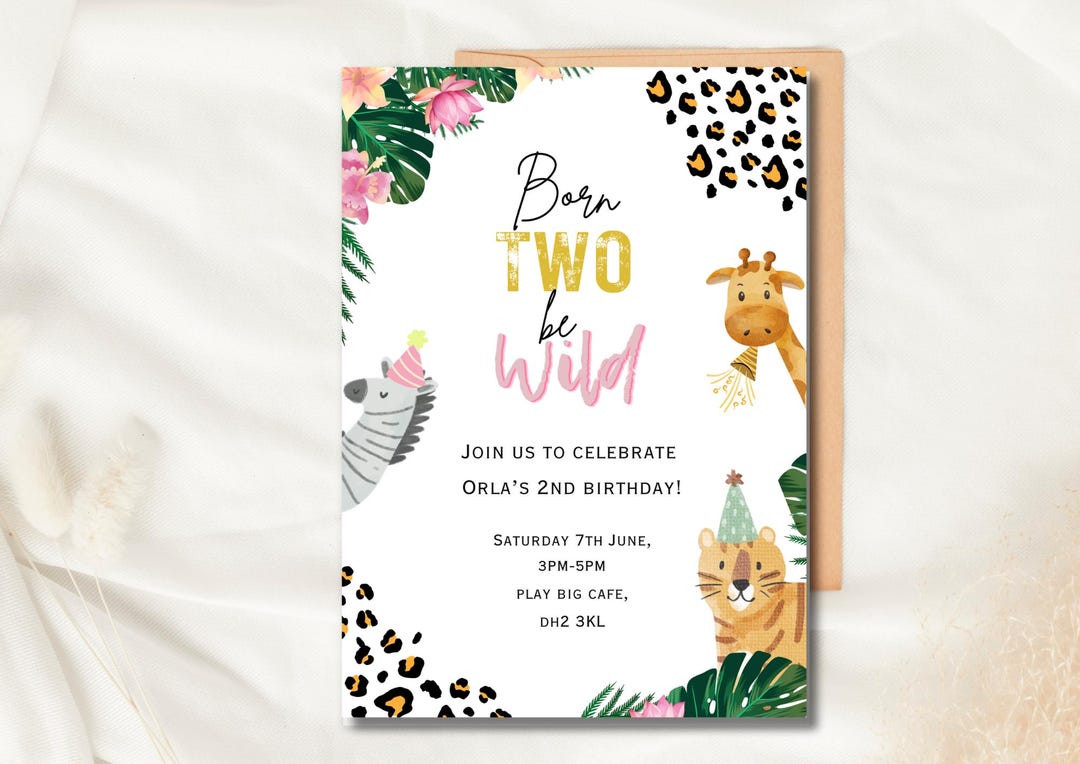 Editable Birthday Invitation Born Two Be Wild Invitation Two Year Old Birthday Invitation Jungle ...
