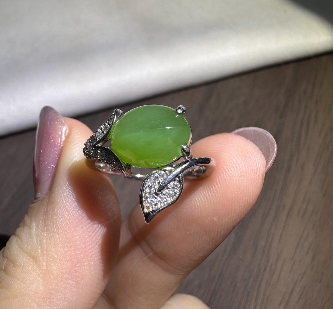 Cat's Eye Jade Green Nephrite Adjustable Silver Ring With Certificate ...