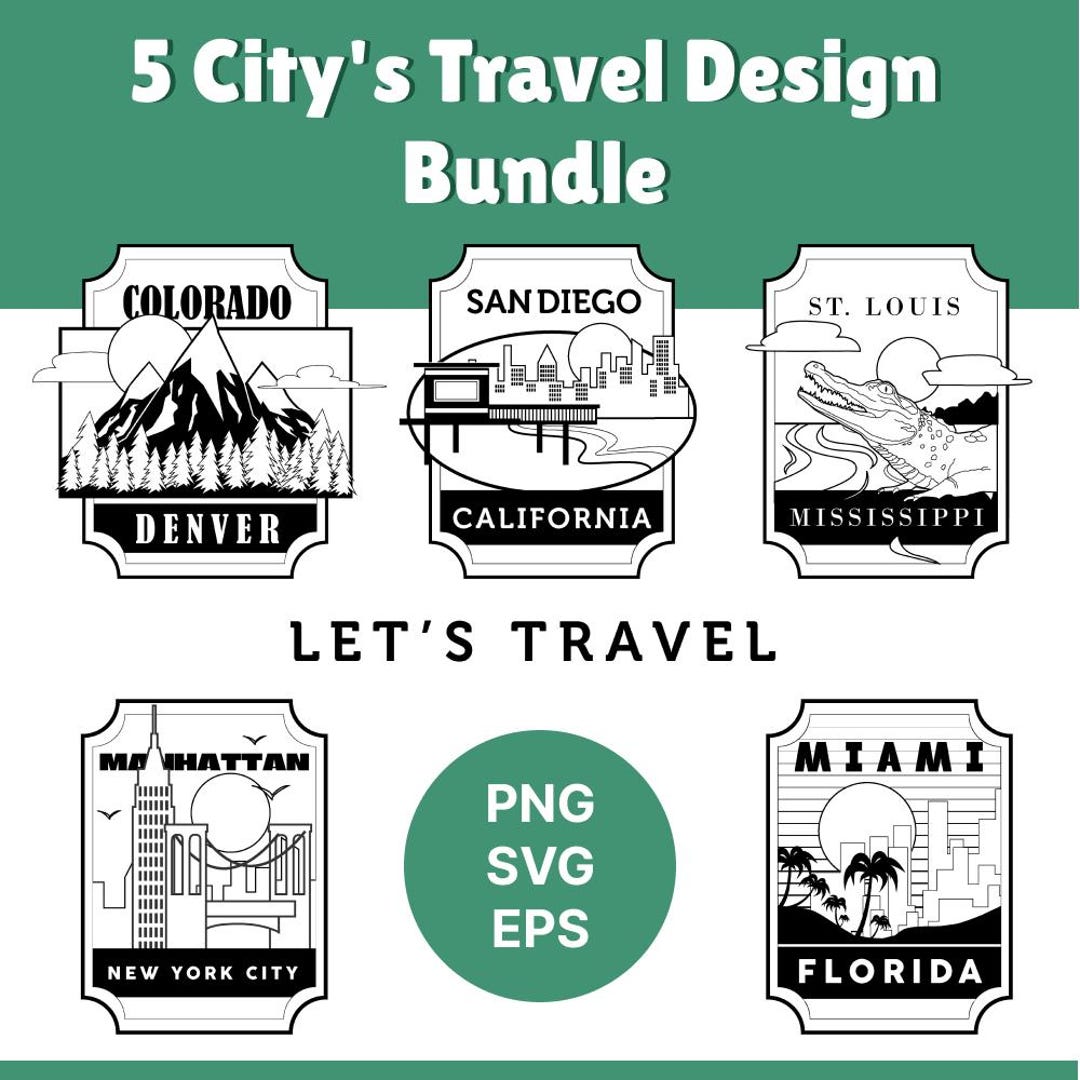 5 City Travel Design Bundle - PNG, SVG & EPS Formats - Etsy