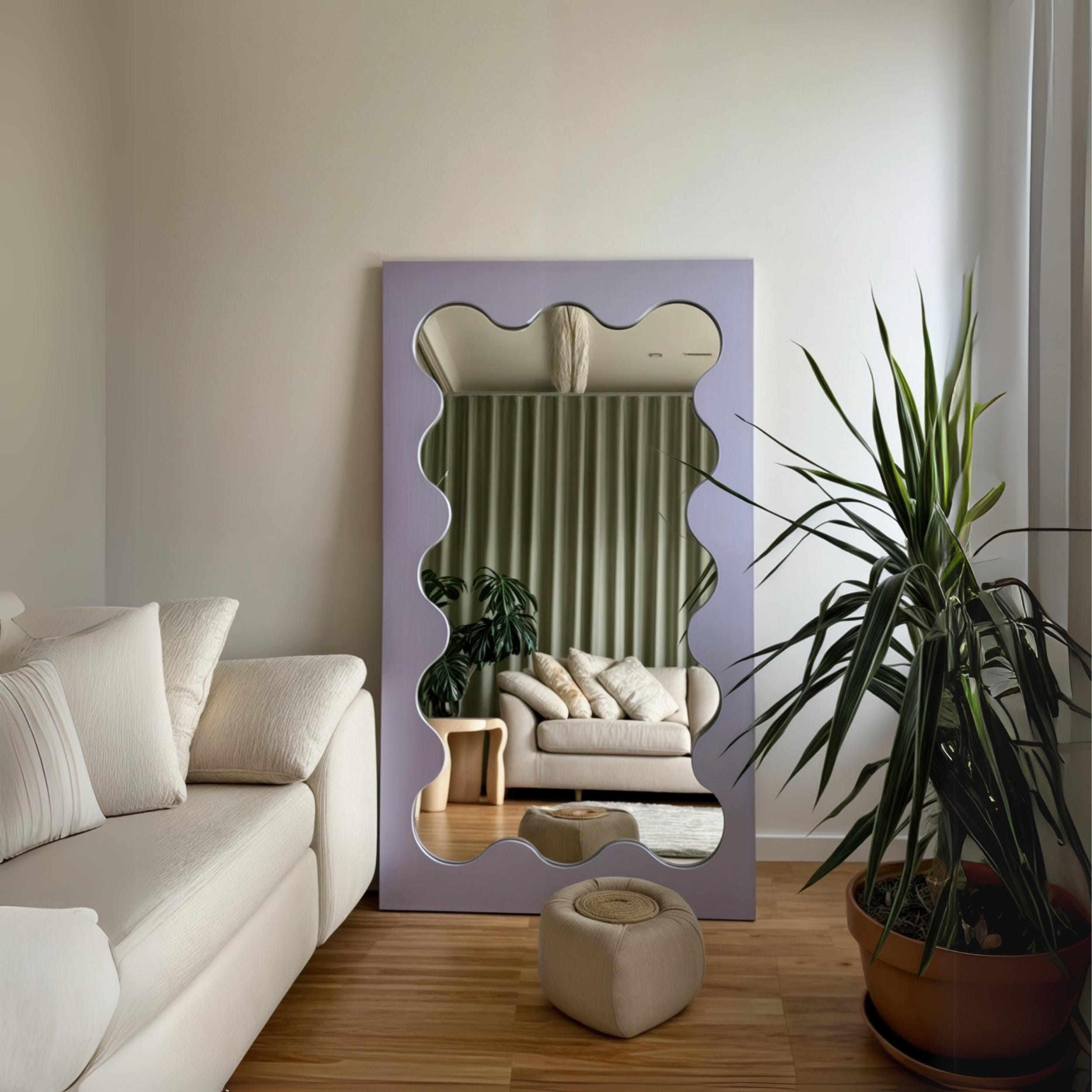 Wavy Full Length Floor Mirror With Wooden Frame - Asymmetrical Curvy ...
