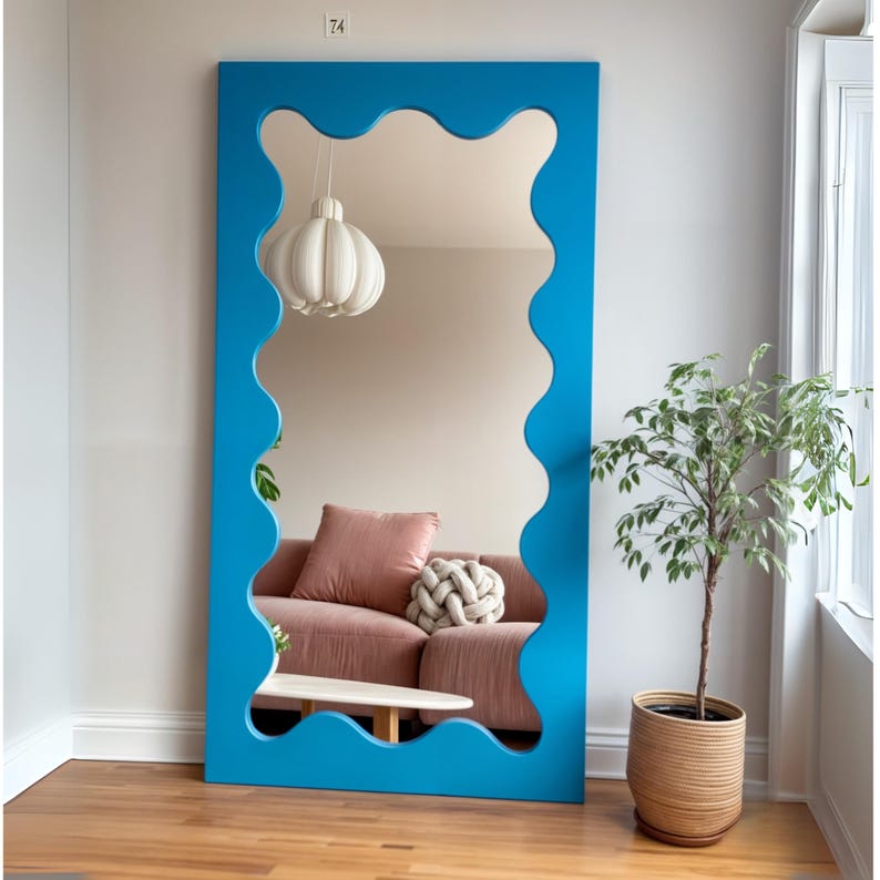 Wavy Full Length Floor Mirror With Wooden Frame - Asymmetrical Curvy ...