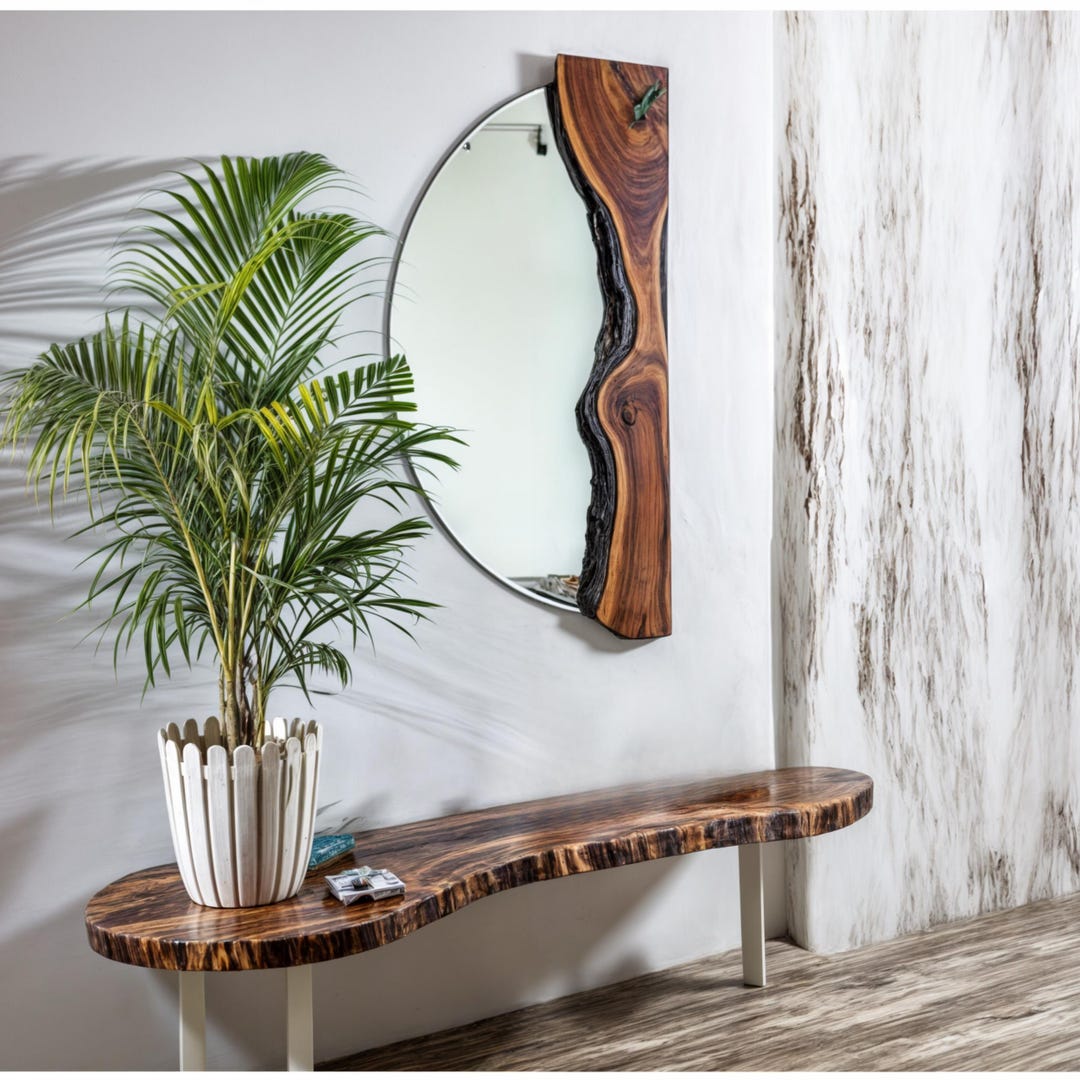Olive Wood Half Moon Mirror, Half Circle Live Edge Wooden Mirror ...