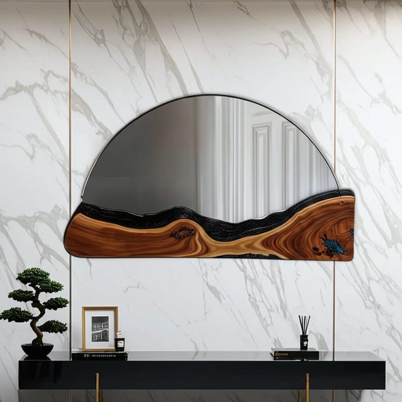 Olive Wood Half Moon Mirror, Half Circle Live Edge Wooden Mirror ...