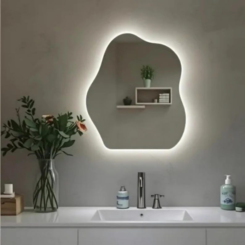 LED Illuminated Wavy Mirror, Asymmetrical LED Mirror for Your Bathroom ...