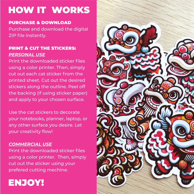 10 Pcs Large Fun Cute Lion Dance Stickers for Laptop Mobile Journal ...