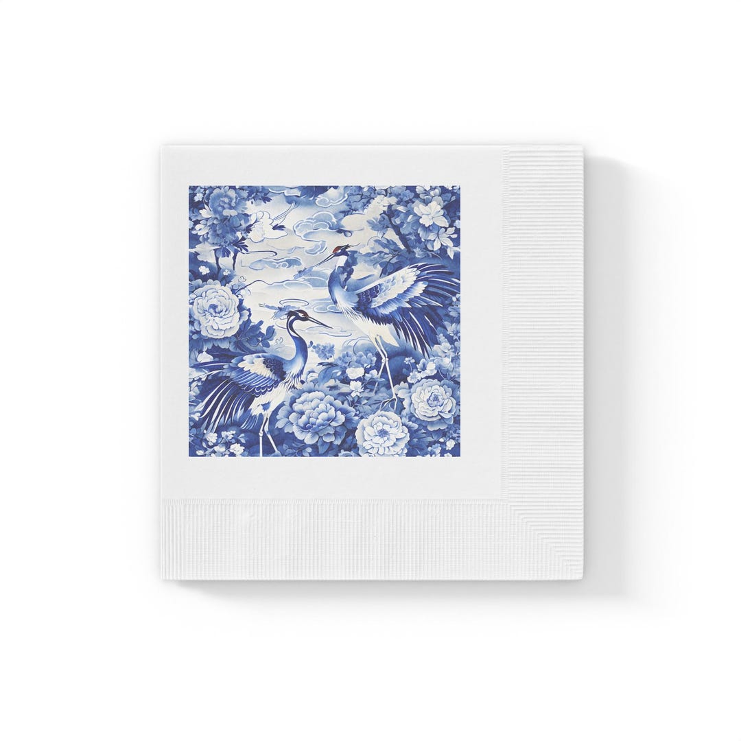 Custom Cocktail Napkins, Elegant Chinoiserie Crane Pattern, White ...
