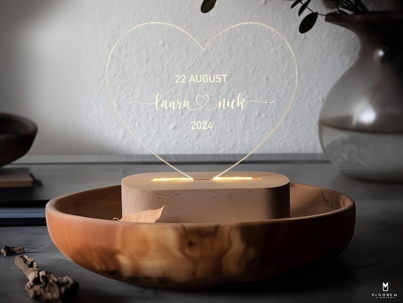 Personalized Heart Acrylic Lamp With Engraving—names & Date—led Night ...