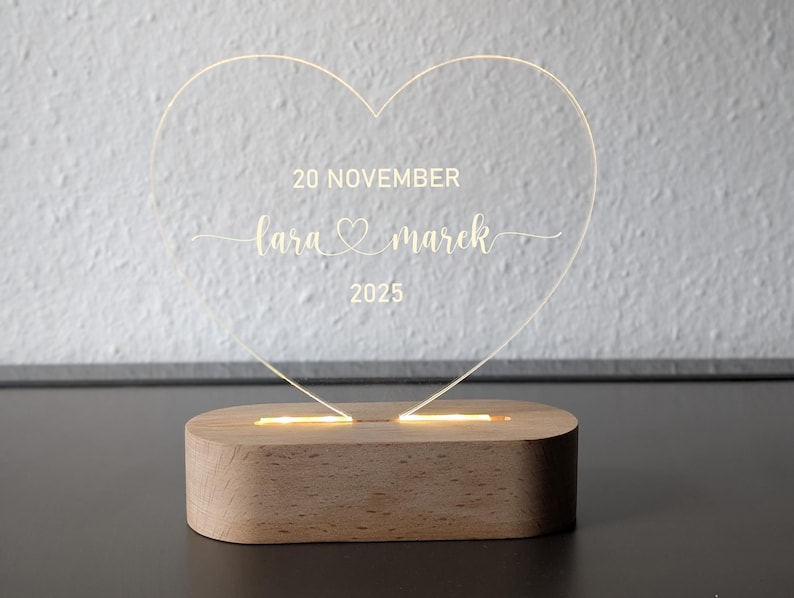 Personalized Heart Acrylic Lamp With Engraving—names & Date—led Night ...