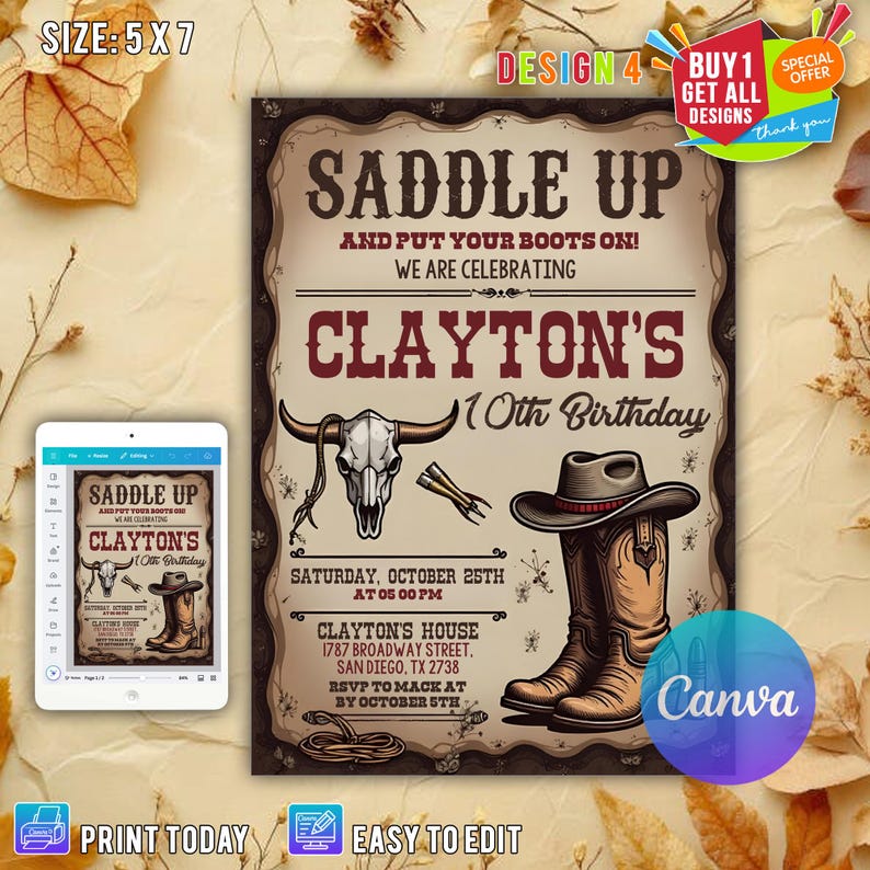 Editable Cowboy Invitation, Western Hoedown Birthday Party Invitation, Printable Cowboy Birthday ...