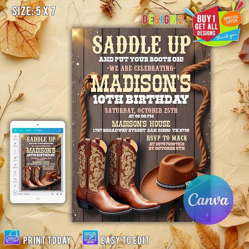 Editable Cowboy Invitation, Western Hoedown Birthday Party Invitation, Printable Cowboy Birthday ...