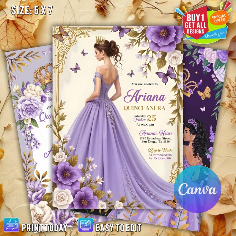 Lilac Gold Floral Butterfly Princess Quinceanera Invitations Canva ...