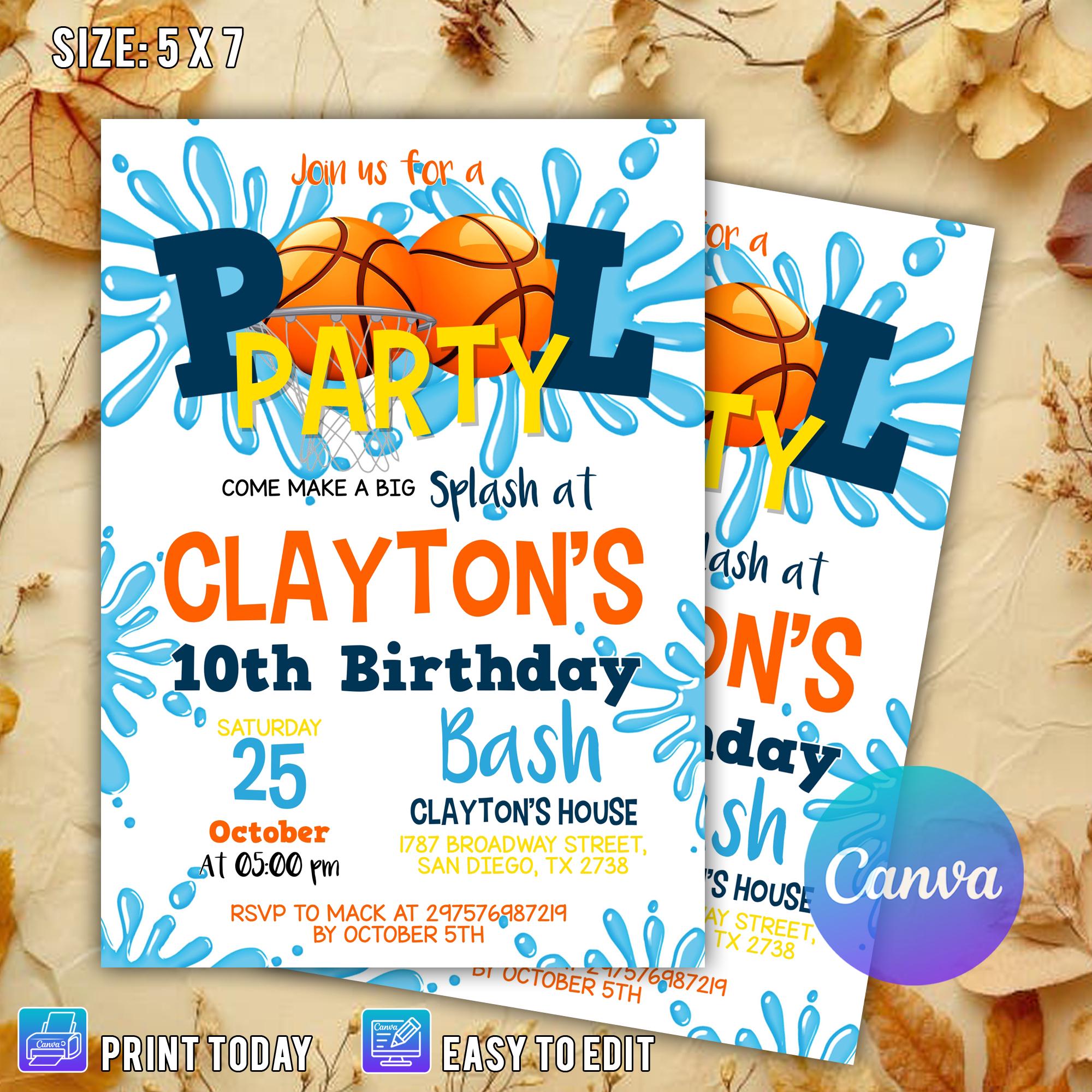 Editable Basketball Pool Party Invitation, Basketball Pool Party, Pool ...