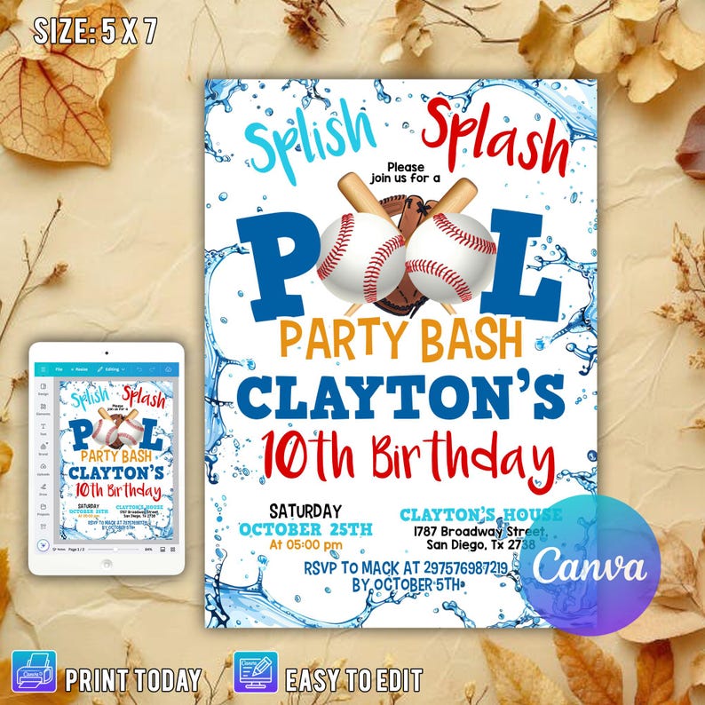 Editable Baseball Pool Birthday Party Invitation, Summer Pool Party ...