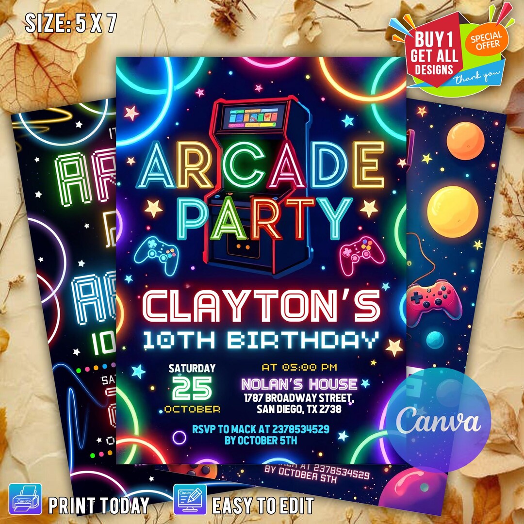 Arcade Birthday Invitation Template, Arcade Invitation, Neon Glow ...